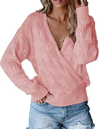 Onsoyours Femme Pull Croisé sur Le Devant Pull Solide Sexy Col V Croisé Chandail à Manches Longues Sweater Tricoté Hauts Découpe Pullover Tops Automne Hiver A R