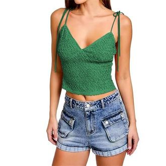 Generic D&eacute;bardeur spaghetti pour femme - Noir - Court - D&eacute;bardeur de sport ample - &Eacute;l&eacute;gant - Col en V - Haut d&eacute;t&eacute; sexy - Camisole - Sans manches - Coton - Cou