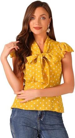 Allegra K Femmes Chemise Bureau Pois Chemisier Col Nou&eacute; Manches Volants Jaune S