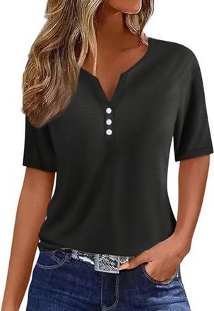 Generic Tee Shirt Femme Col V T-Shirt Manches Courtes Haut Ete Basique Top Elegant avec Bouton