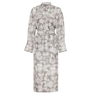 Brunello Cucinelli Kleid in Midi-L&auml;nge mit Bl&auml;tterprint und G&uuml;rtel - - Dresses - Damen - Grau - L