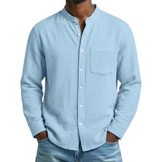 Generic Chemise Henley d&eacute;contract&eacute;e &agrave; manches longues pour homme avec poche de poitrine et col rond - T-shirt classique &agrave; boutons - L&eacute;ger et tendance - Uni - 
