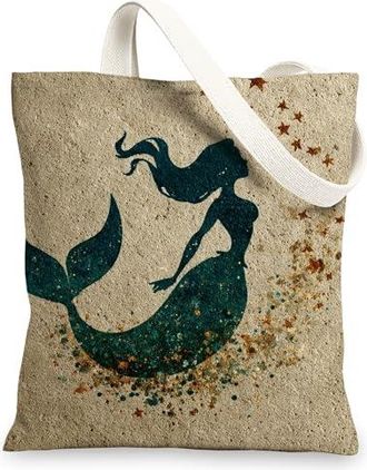 Generic Sacs fourre-tout artistiques en toile, motif sirène, réutilisables, légers et lavables avec bandoulière pour salle de sport, extérieur, voyage, plage,