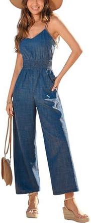 Cupshe Combinaison dété pour femme - Col en V - Sans manches - Taille smockée - Jambe large - Plage - Combinaison décontractée - Bleu - M, kl-bleu, M
