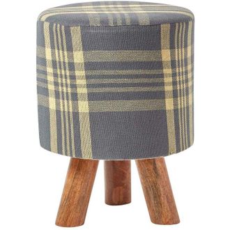 Homescapes Hocker in grau-gelb-karriert Holzfüße 32 Rund - Homescapes