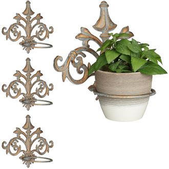 Relaxdays 4 x Wand Blumenhalter Barock, Gusseisen, Vintage Blumentopfhalter f&uuml;r drau&szlig;en, Blumentopfring &Oslash; 13,5 cm, gold-grau