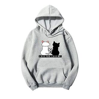Generic Sweat &agrave; capuche &agrave; manches longues avec cordon de serrage et poche pour femme Motif chat, gris, 3XL