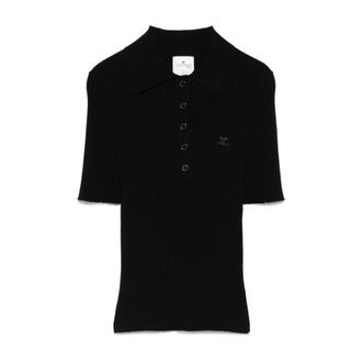 Courr&egrave;ges Femme, Tops, Noir, Taille: 36 FR Polo Iconique en Maille C&ocirc;tel&eacute;e