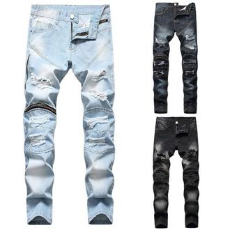 Generic Jean d&eacute;chir&eacute; pour homme, coupe ajust&eacute;e, extensible, coupe ajust&eacute;e, coupe droite, d&eacute;contract&eacute;, avec trous, confortable, design us&eacute;, taille flexible, bl