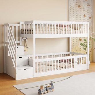 Myboo Etagenbett 90x200, Kinderbett Hochbett für 2 Kinder, Holzbett mit Treppe&Schubladen&Tür, Bettgestell mit Rausfallschutz&Lattenrost, Jugendbett Staurau