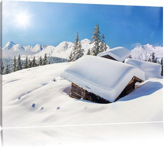 Pixxprint Verschneite Berghütten in den Alpen, Größe: 120x80cm, Leinwandbild, fertig gespannt, Wandbild, Dekoration, Kunstdruck, kein Poster