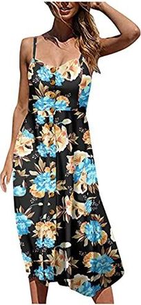 Generic Robe boh&egrave;me 2026 pour femme avec poches basculantes &agrave; boutons, robe en duvet boh&egrave;me imprim&eacute;e mi-longue, bleu, XL