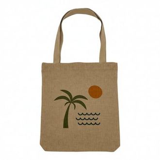Fabulous Sac Shopping Tote Bag Aspect Lin - Mer Cocotier Soleil Tropical Exotique Plage Minimaliste - Sac de Courses Toile Epaisse 360g Beige Naturel Cabas Por