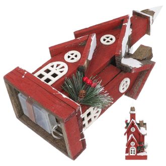 DOITOOL Rotes LED Weihnachtsdeko Holzhaus mit Beleuchtung Kleine Leuchtende Hütte ohne Batterie für Innen Festliches Holzornament für Weihnachtsdeko und Tisch