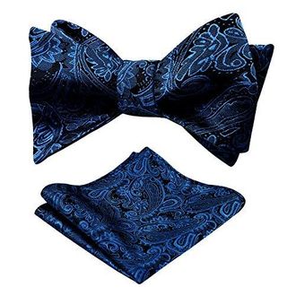 Alizeal Mens Paisley Jacquard Self Attached Bow Tie Pocket Square Set (Marine Paisley) (Taille: Taille Unique)