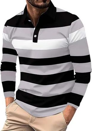 Generic Chemise de golf pour homme, polo &agrave; manches longues, confortable et doux, extensible, respirant, &agrave; rayures, l&eacute;ger, s&eacute;chage rapide, d&eacute;contract&eacute; et polyv
