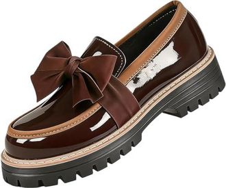 Generic Mocassins Loafer Femme en Cuir Verni Noeud Chaussures De Marche &agrave; Plateforme sans Lacets Semelle Chunky Elegant Style Britannique Chaussure D&eacute;contract