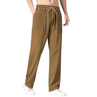 Generic Pantalon en lin pour homme, jambe droite, d&eacute;contract&eacute;, cordon de serrage, coupe ample, pantalon de yoga, l&eacute;ger, taille &eacute;lastique, coupe d&eacute;contract&eacute;e, 
