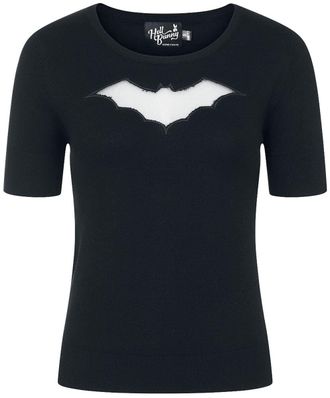 Hell Bunny Gotisch Transparenter Mesh Fledermaus Gestrickter Kurzarmpullover - Schwarz (L)