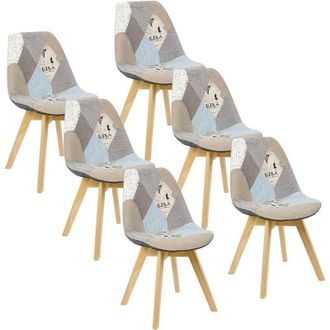 Woltu 6er Set Esszimmerstuhl Design Stuhl Leinen K&uuml;chenstuhl Holz Patchwork Grau+khaki