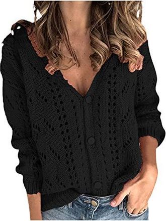 Generic Cardigan en crochet pour femme, cardigan &agrave; manches longues, cardigan court ajour&eacute; de couleur pure, pull en tricot &agrave; simple boutonnage, pull ouvert sur