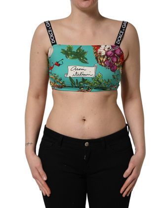 Dolce & Gabbana Womens Turquoise Vegetable Print Silk Crop Tank Top Elastane