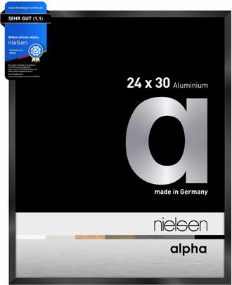 Nielsen Design Bilderrahmen, 24 x 30 cm, Aluminium, Schwarz glanz, Rahmen zum Aufhängen im Hoch- & Querformat, Echtglas, Alpha