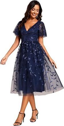 Ever-pretty Robe Femme de Soirée Mi-Longue Paillettes Col V Manches Courtes Cocktail Mariage Bleu Marine 56