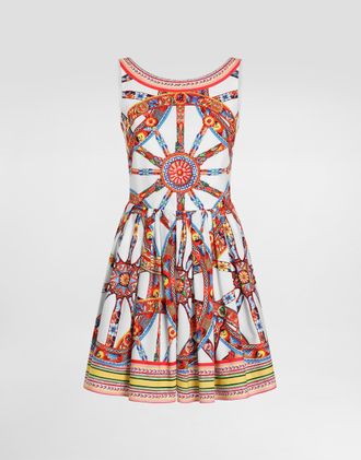 Dolce & Gabbana Midikleid Aus Popeline Mit Carretto-print - Frau Kleider Mehrfarbig 48