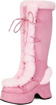 Generic JJDFW Bottes dhiver chaudes et moelleuses pour femme Bottes de neige en fausse fourrure &agrave; lacets Plateforme &eacute;paisse Femme Cosplay Chaussures de No&euml;l, 