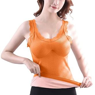 Generic Chemises thermiques sans manches pour femme avec soutien-gorge int&eacute;gr&eacute; amovible et col en V doubl&eacute; en polaire, Orange, Taille unique