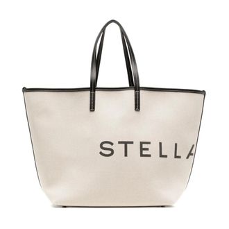 Stella McCartney Elegante Beige Baumwoll/Leder Logo Print Tasche - - Bags - Damen - Beige - ONE SIZE