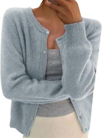 Minetom Femme Cardigan Elégant Manches Longues Tricoté Gilet Automne Hiver Chaud Pull Veste Courte avec Boutons Chic Manteau Tops A Bleu XS