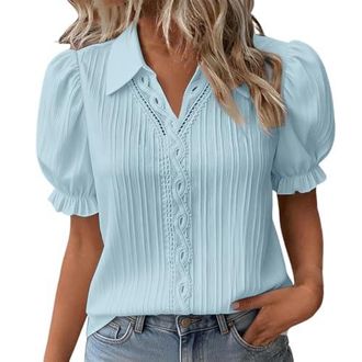 Generic Chemisier Chic Femme Manches Bouffantes - Haut Femme Chic Et Elegant Tops Couleur Unie Chemise Col Rabattu Hauts avec Manches Shirt Respirant T-Shirt 