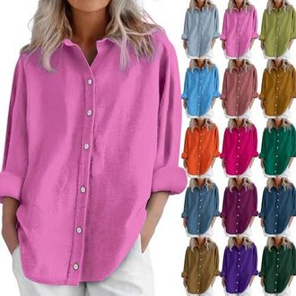 Generic HUIFUAO - Chemise en lin &agrave; manches longues boutonn&eacute;e pour femme, tendance, l&eacute;g&egrave;re et respirante, haut habill&eacute;, d&eacute;contract&eacute;, pour le bureau, le travail