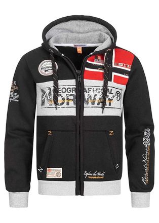 Geographical Norway Herren Sweatjacke Flyer Jacke mit Kapuze,Patches (Schwarz, 3XL)