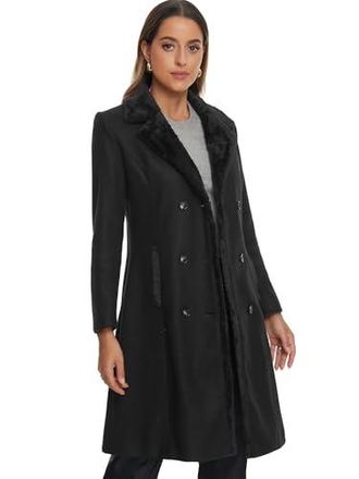 Allegra K Manteau en Faux Su&egrave;de Femme &agrave; Col en Peluche Caban en Daim dHiver &agrave; Double Boutonnage Trench Coat Mi-long Chaud Vintage Noir XS