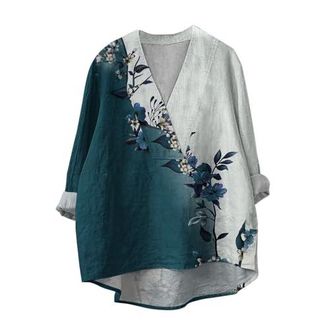 Generic Chemise pour Femmes Coton Et Lin Chic Et Elegant D&eacute;contract&eacute; Chemises D&eacute;t&eacute; &Agrave; Manches Longues Col en V Profond Amples Top L&eacute;g&egrave;re Comfy Tunique Mode Cot