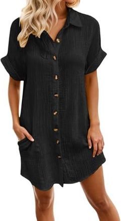 Generic 2025 - Robes dautomne en lin pour femmes, col &agrave; revers, manches longues, longueur genou, tunique mi-longue avec poches, robes d&eacute;contract&eacute;es pour femme