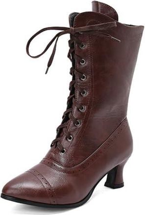 Generic Bottines victoriennes à lacets style vintage avec bout en amande pour femme, marron, 39.5 EU