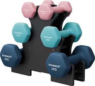 Songmics Kurzhantel Set, Hexagon, mit Hantelständer, 2 x 1 kg, 2 x 2 kg, 2 x 3 kg, mattes Finish, Neopren-Beschichtung, Krafttraining, zu Hause, limettengrün, 