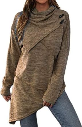 ORANDESIGNE T-Shirts &agrave; Manches Longues Femme Asym&eacute;trique Long Sleeve Sweatshirt Couleur Unie Hiver Chaud Chic &Eacute;l&eacute;gant Pull Long Boutonn&eacute; Haut D&eacute;contract&eacute;es Tuniqu
