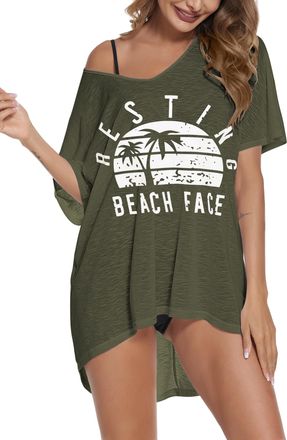 Ekouaer Damen Strandkleid Bikini Cover Up Sommer Strandponcho Bademode V-Ausschnitt Strand Lose Vertuschen Shirt mit Drucken S-XXL,Armeegr&uuml;n,XXL