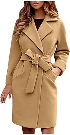 Generic Trench avec ceinture en laine pour femme, vêtements dextérieur mi-longs dhiver à double boutonnage, caban long classique pour femme, vêtements dextéri