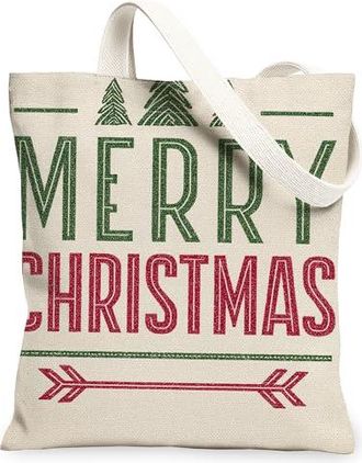 Generic Sacs fourre-tout rustiques en toile de No&euml;l, motif arbre de vacances, sacs d&eacute;picerie r&eacute;utilisables, vintage l&eacute;gers et lavables avec bandouli&egrave;re, beige