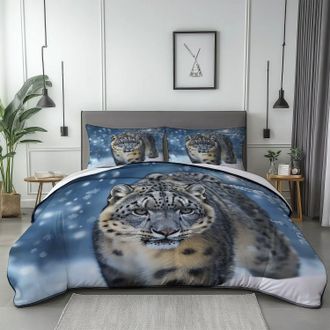 Generic Bettw&auml;sche-Set Nat&uuml;rlicher Schneeleopard Dekor Bettbezug, Bettbez&uuml;ge Blau f&uuml;r Erwachsene Frauen Jungen Teenager Schlafzimmer Tagesdecke Mit leichtl&auml;uf