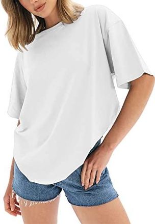 Generic T-shirt pour femme surdimensionn&eacute; pour femme, coupe ample, col rond, haut &agrave; manches courtes, chemisier d&eacute;t&eacute; d&eacute;contract&eacute;, t-shirt basique, Blanc., XXL