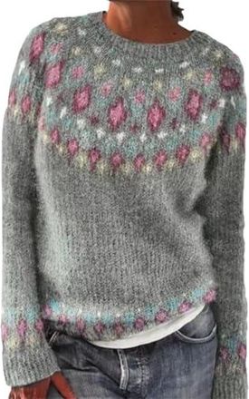 Generic Pull tricot&eacute; vintage &agrave; col rond et manches longues pour femme Motif Fair Isle, 14, XXL-6XL