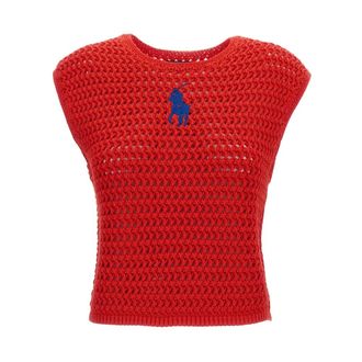 Polo Ralph Lauren Femme, Pulls, Rouge, Taille: 36 FR Pull Ras du Cou en Coton avec Bordure Crochet&eacute;e