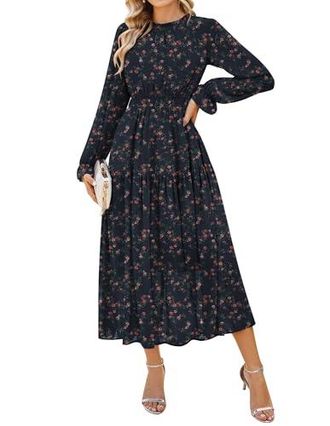Grace Karin Robe longue &agrave; manches longues en mousseline de soie florale pour femme, Cl0211-08/Bleu marine, XXL